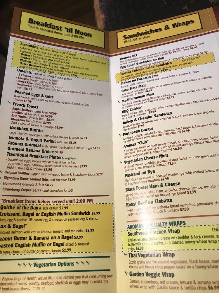 Menu at Aromas Coffeehouse Bakery & Cafe, Williamsburg