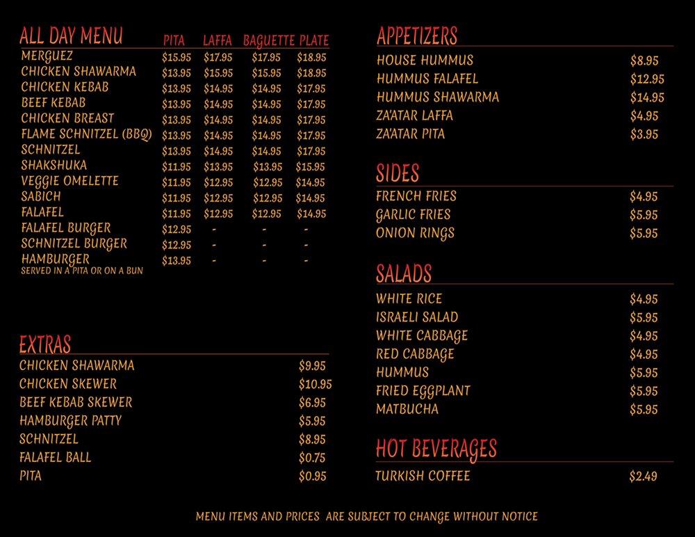 Menu at Flame Grill restaurant, Los Angeles