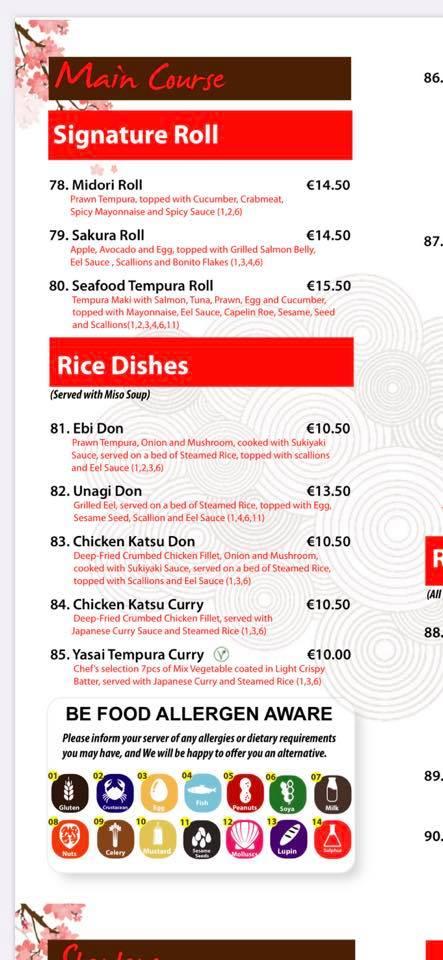 Menu at Kyoto Sushi & Noodle restaurant, Limerick