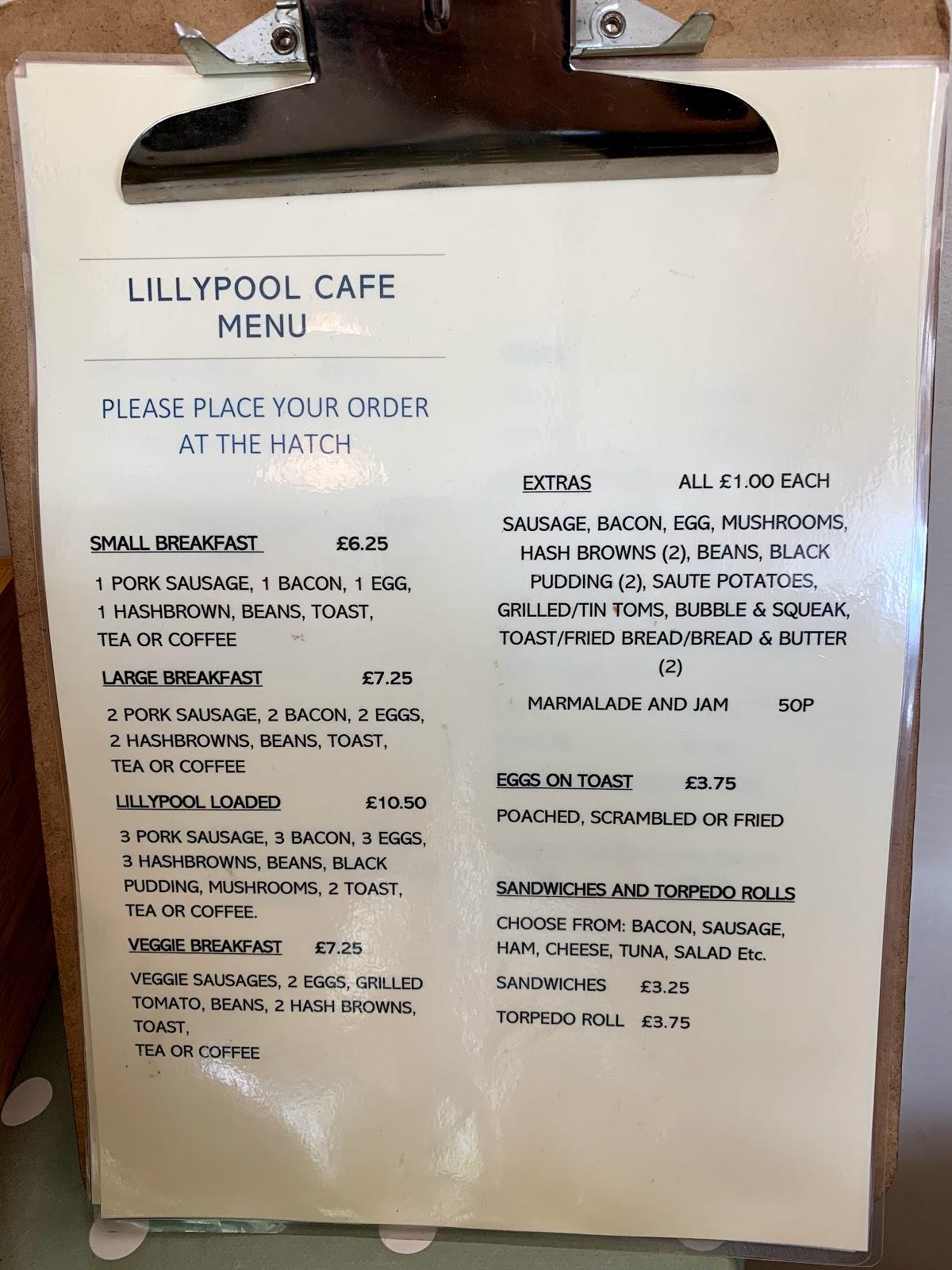 Menu at Lillypool Cafe and farm shop, Winscombe