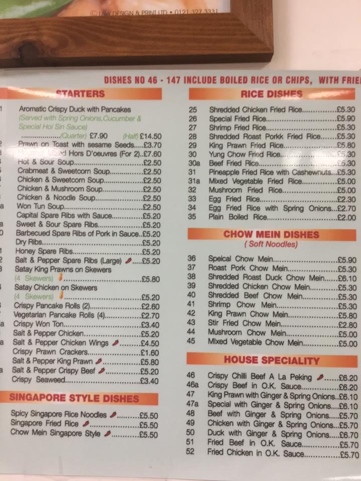 Menu at Peking City fast food, Bingley