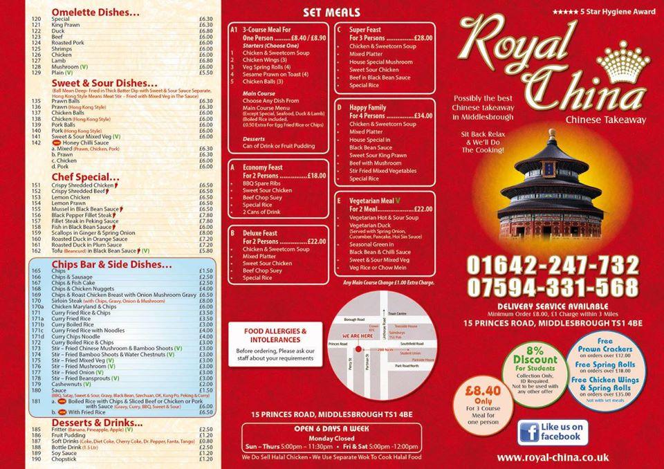 Menu at Royal China fast food, Middlesbrough