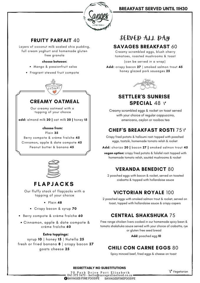 Menu at Savages Fine Food restaurant, Port Elizabeth