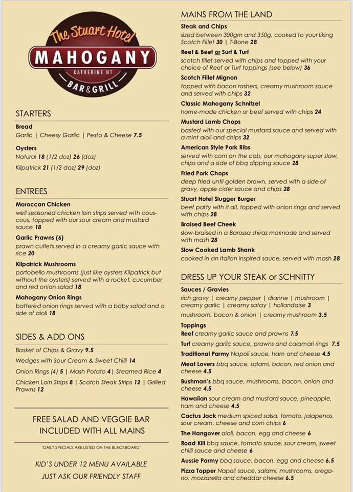 Menu at Mahogany Bar and Grill, Katherine, The Stuart Hotel