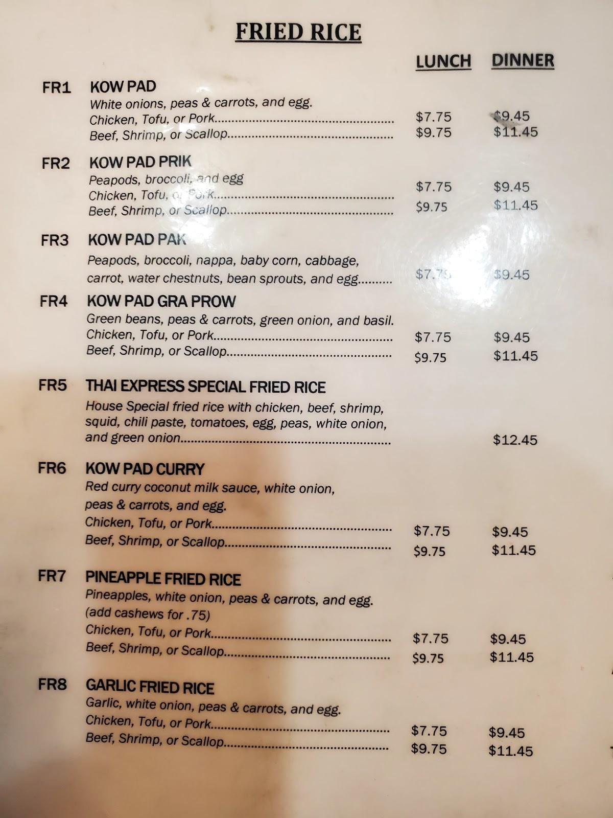 Menu at Bangkok Thai Express restaurant, Clarkston