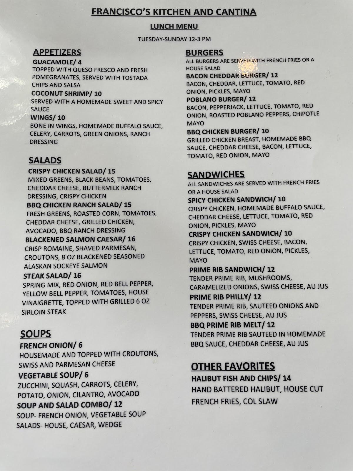 Menu at Francisco's Kitchen & Cantina pub & bar, Lake Stevens