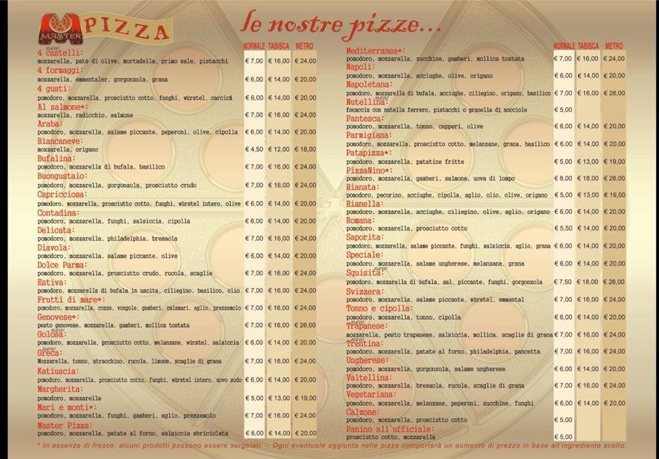 Menu da Master Pizza pizzeria, Marsala