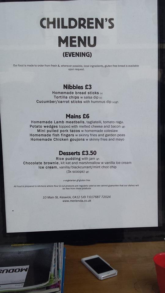 Menu at Merienda cafe, Keswick, 10 Main St
