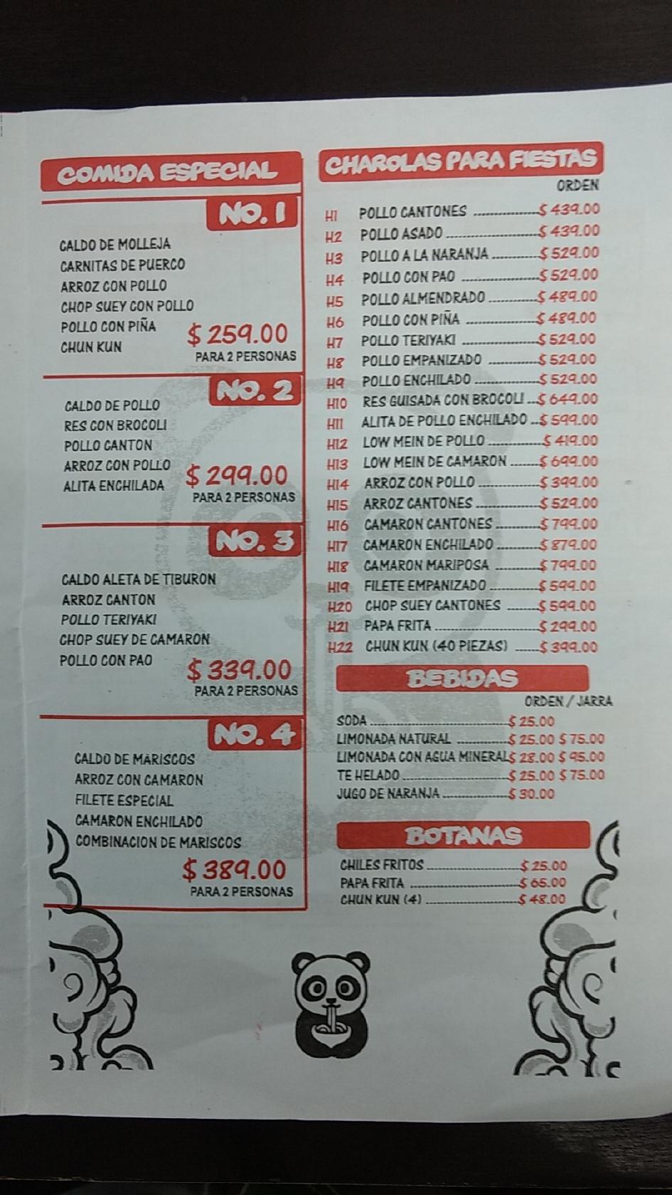 Menu at Panda Comida China restaurant, Tijuana