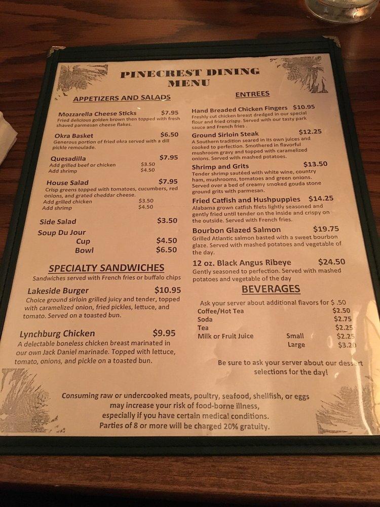 Menu at Pinecrest Dining Room restaurant, Guntersville