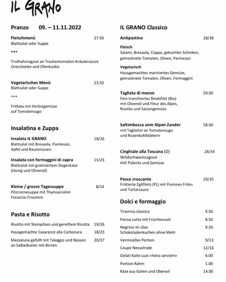 Menu da Restaurant IL GRANO, Büren an der Aare, Ländte 38