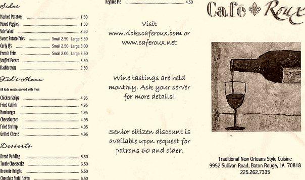 Menu at Rick's Cafe Roux, Denham Springs