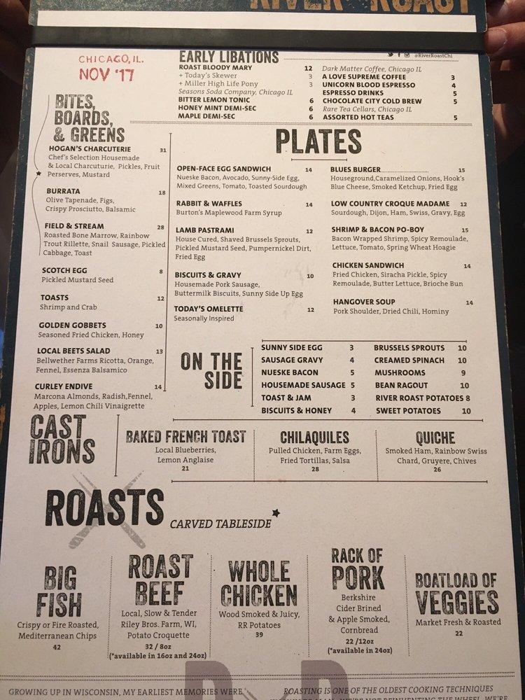 Menu at River Roast pub & bar, Chicago, 315 N La Salle St