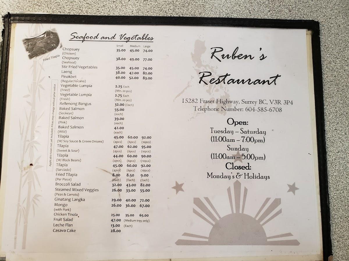 Menu at Ruben's Restaurant, Surrey