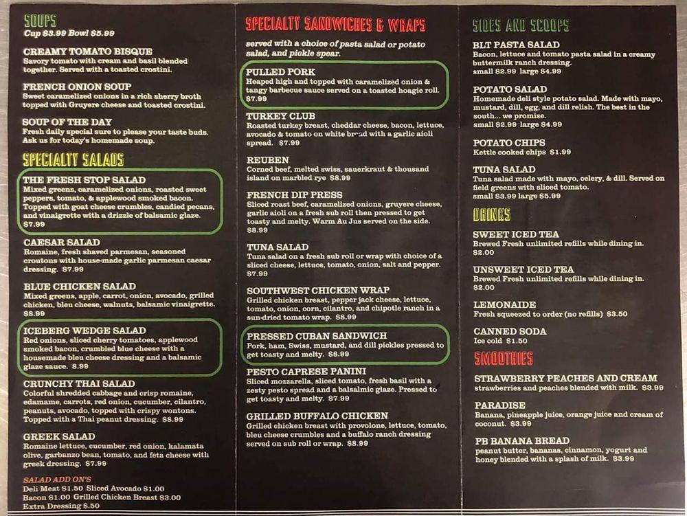 Menu at The Fresh Stop restaurant, Indiantown