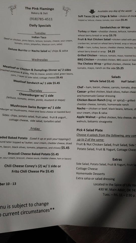 Menu at The Pink Flamingo restaurant, Adair, 430 W Main St