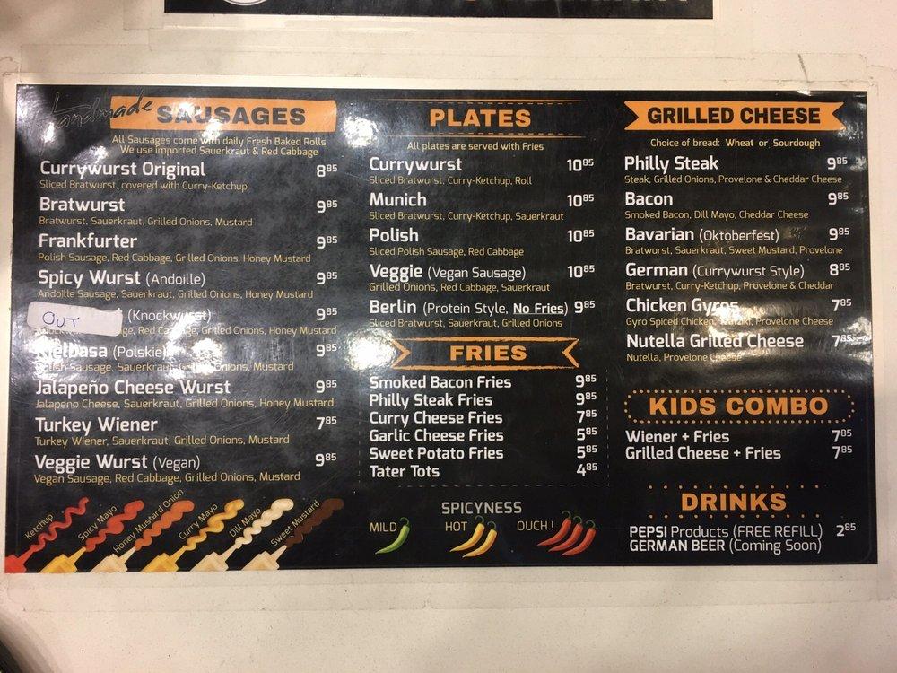 Menu at Wurst Nox restaurant, San Diego