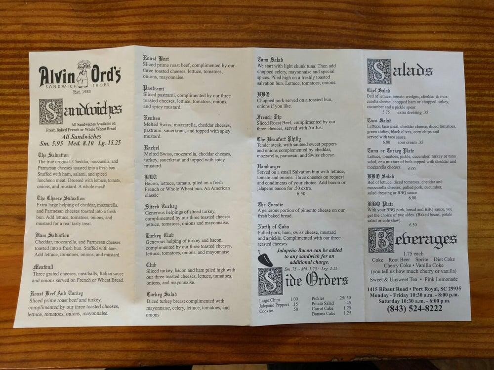 Menu at Alvin Ord's Sandwich Shop restaurant, Port Royal