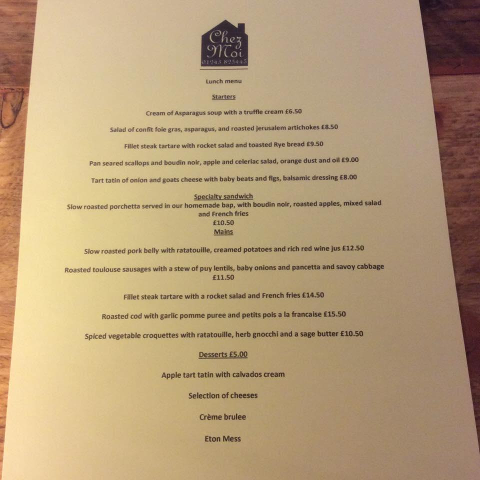 Menu at Chez Moi restaurant, Bognor Regis