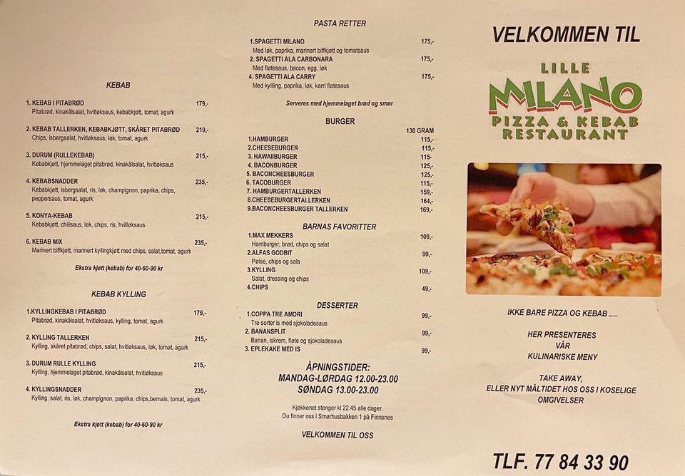 Menu at Lille Milano DA restaurant, Finnsnes