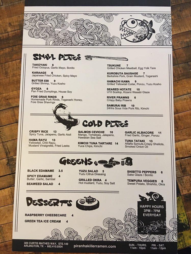 Menu at Piranha Killer Ramen restaurant, Arlington, 309 Curtis Mathes ...