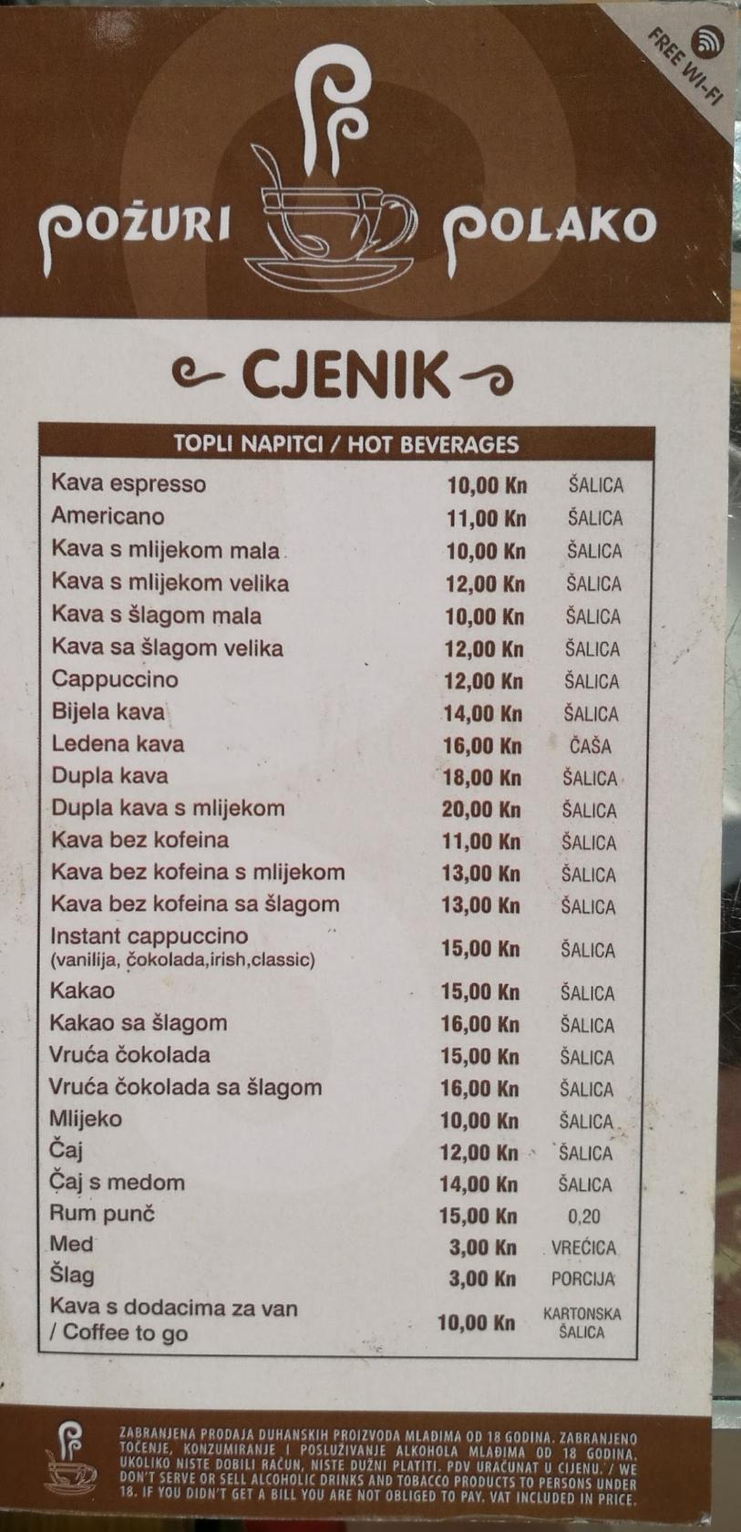 Menu at Požuri polako cafe, Zagreb