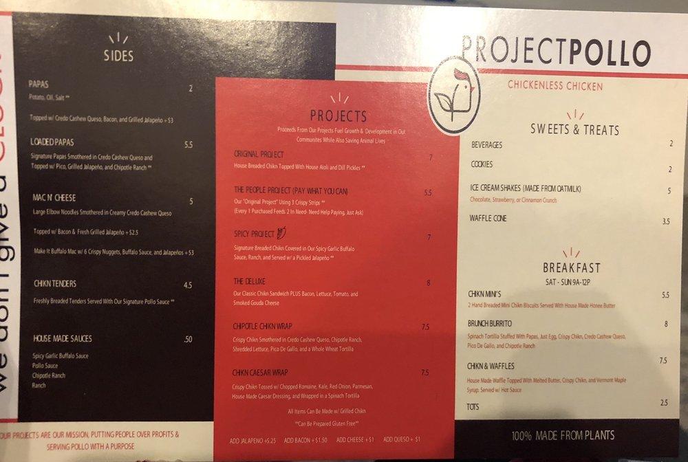 Menu at Project Pollo restaurant, San Antonio, Tuscany Stone Suite 2103