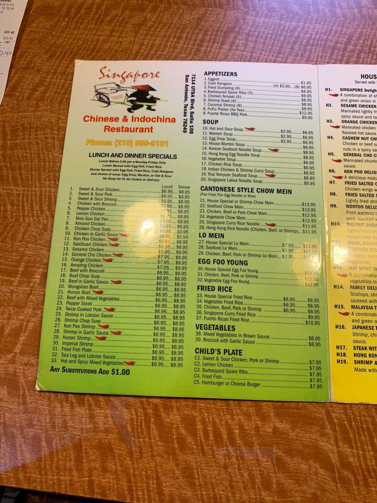 Menu at Singapore II UTSA restaurant, San Antonio