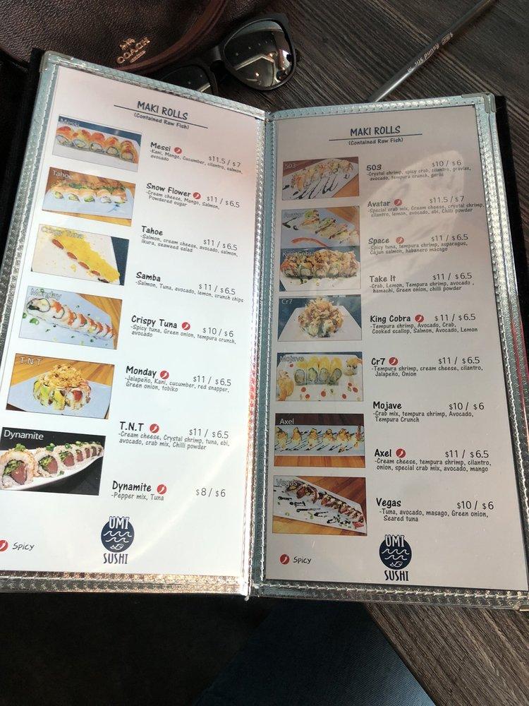 Menu at Umi Sushi restaurant, Reno