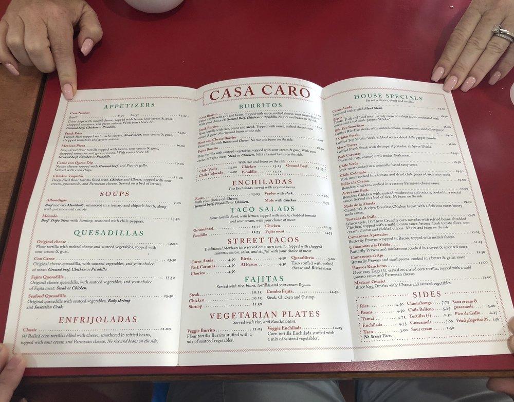 Carta del restaurante Casa Caro, Seeley Lake
