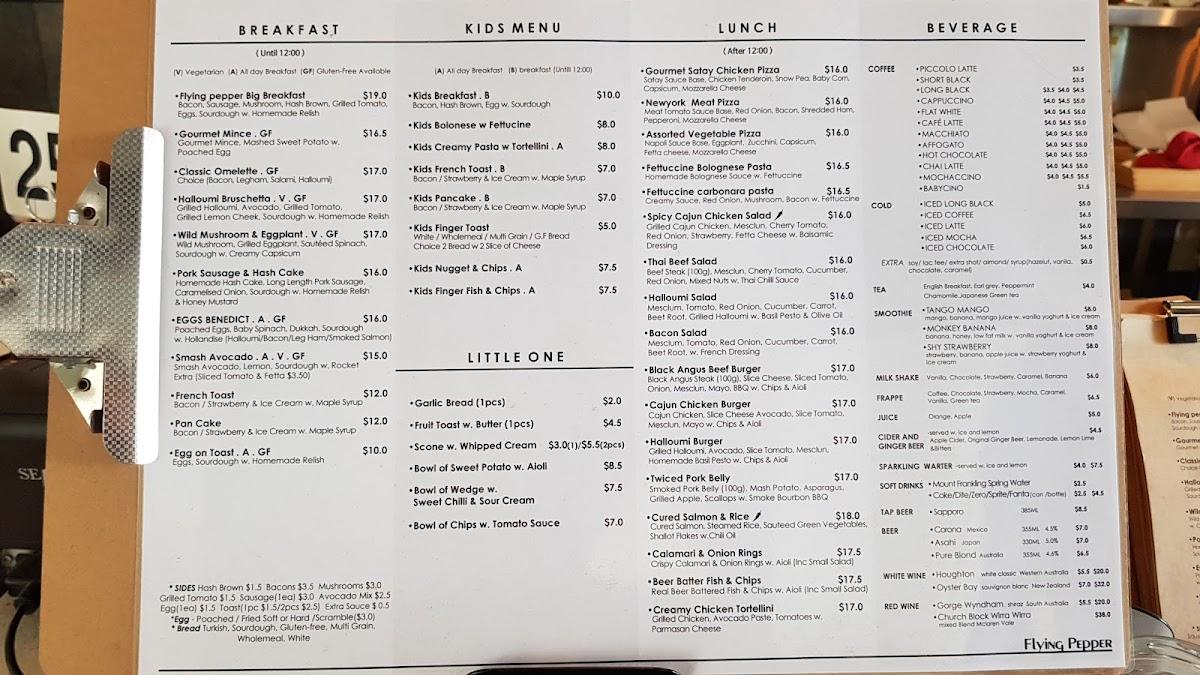 Menu at Flying Pepper cafe, Rochedale