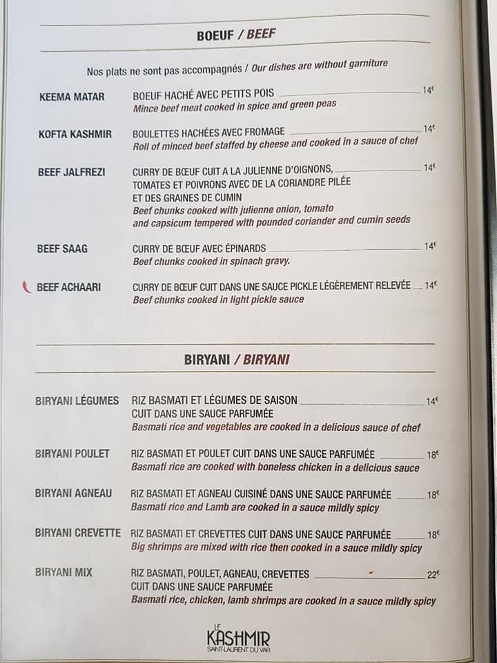 Menu at LE KASHMIR restaurant, Villeneuve-lès-Avignon