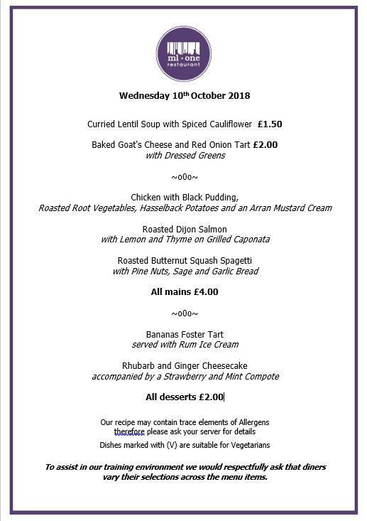Menu at ML One restaurant, Motherwell