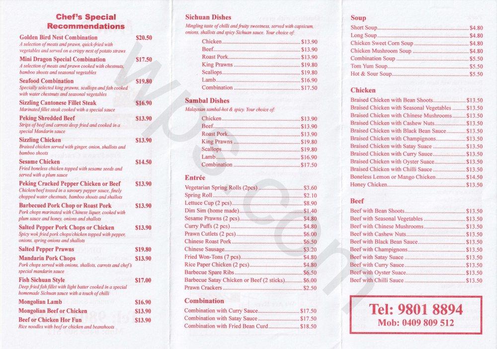 Menu at Mini Dragon Chinese Restaurant, Wantirna South