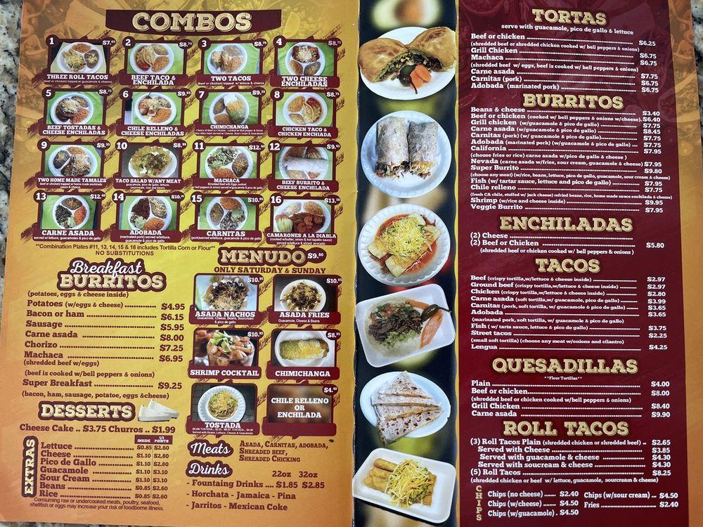 Menu at Nevada taco grill restaurant, Sparks