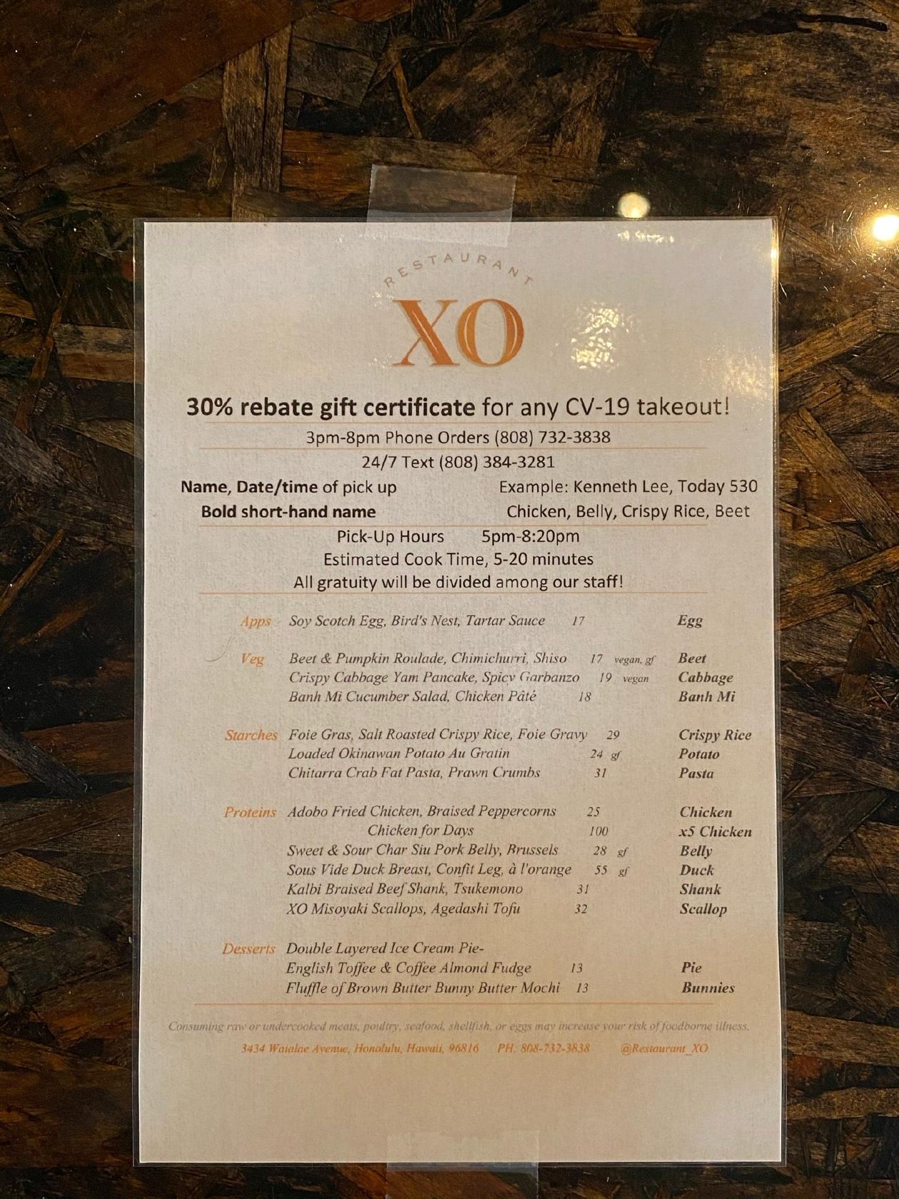 Menu at Restaurant XO, Honolulu