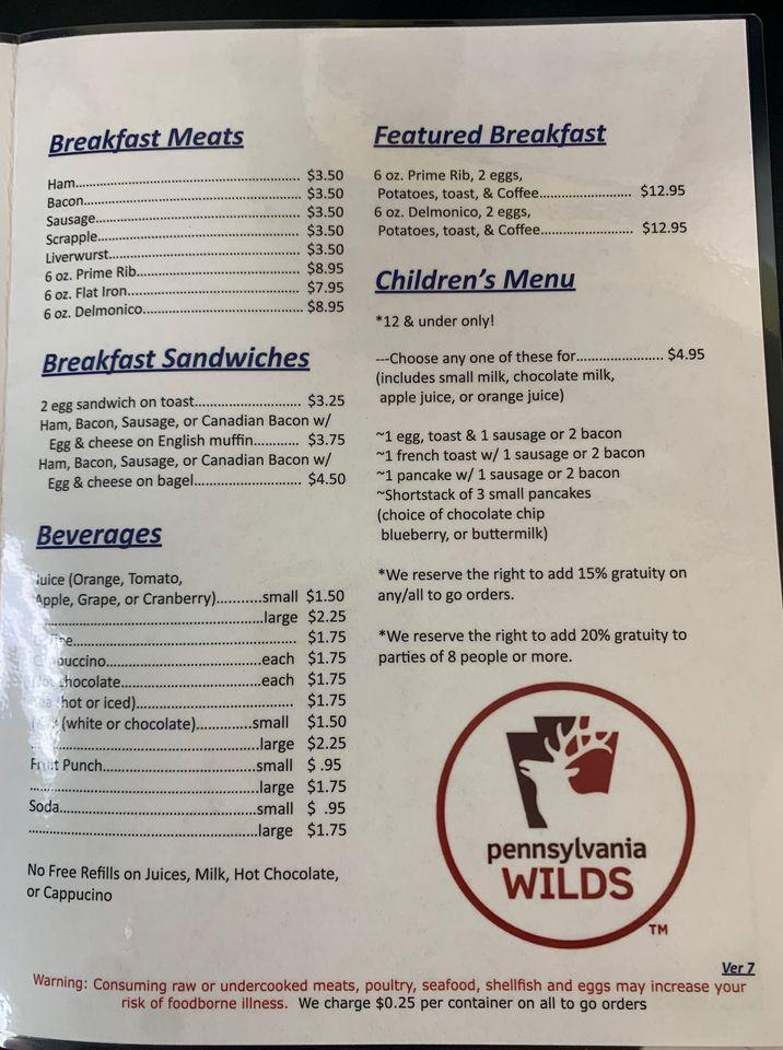 Menu at Restless Oaks Restaurant, McElhattan, 119 Pine Mountain Rd