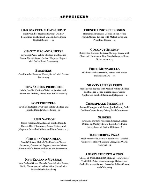 Menu at The Shanty on 19th restaurant, Allentown