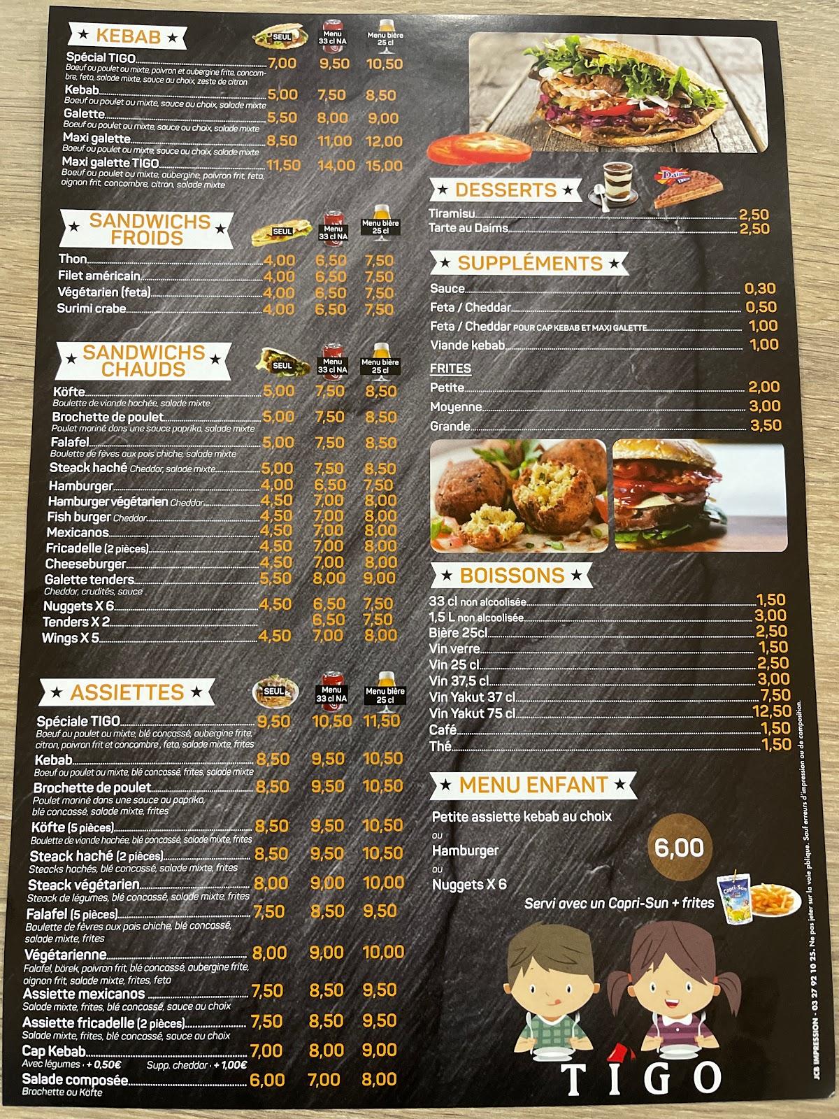 Menu au Snack tigo Wingles restaurant, Wingles