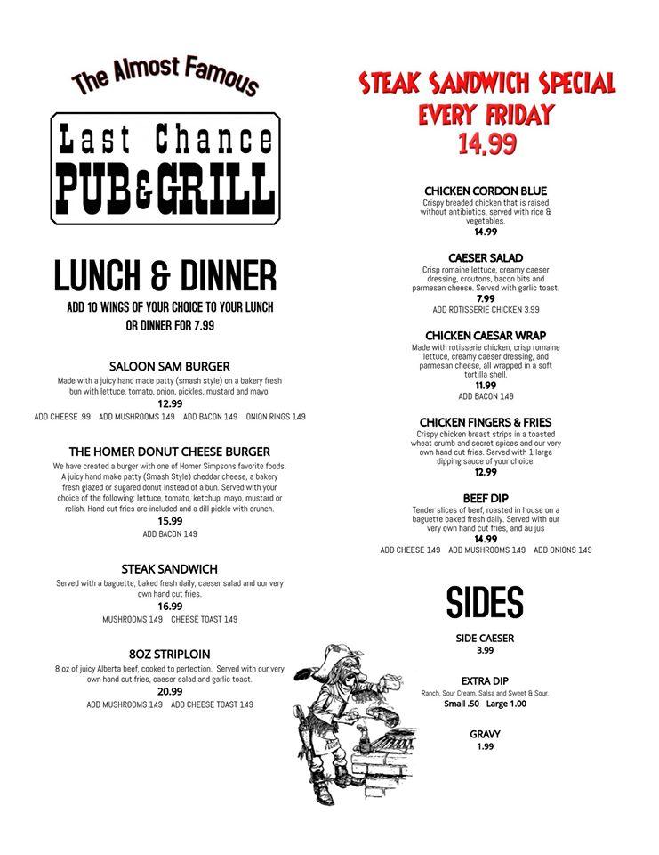 Menu at Last Chance Pub and Grill, Tofield