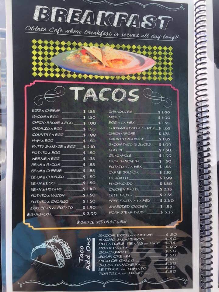 Menu at Oblate Cafe, San Antonio, 904 Oblate Dr