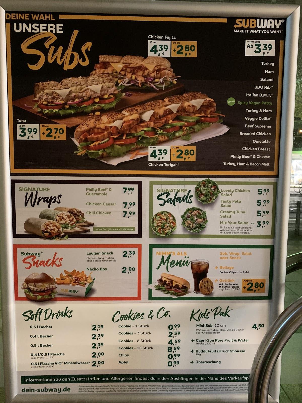 Speisekarte von Subway mannheim fast Food, Mannheim, Stadthaus