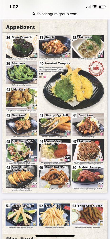Menu at Shin-Sen-Gumi restaurant, Alhambra, 45 S Garfield Ave