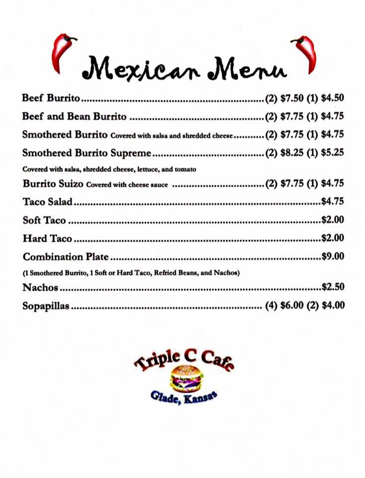 Menu at Triple C Cafe, Glade