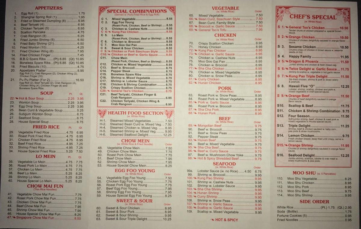 Menu at China One restaurant, Raymond