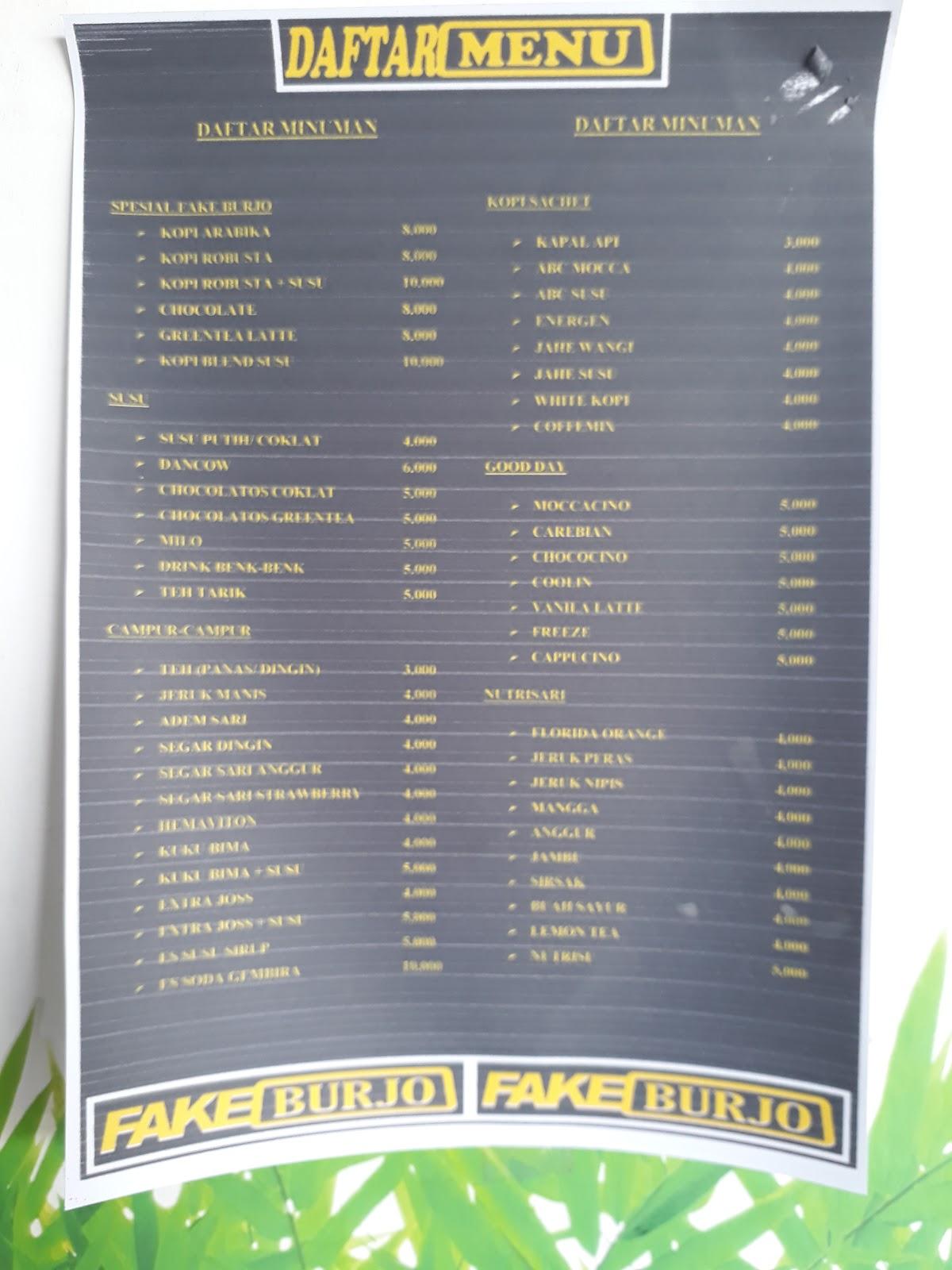 Menu at Burjo KDL 3 restaurant, Semarang