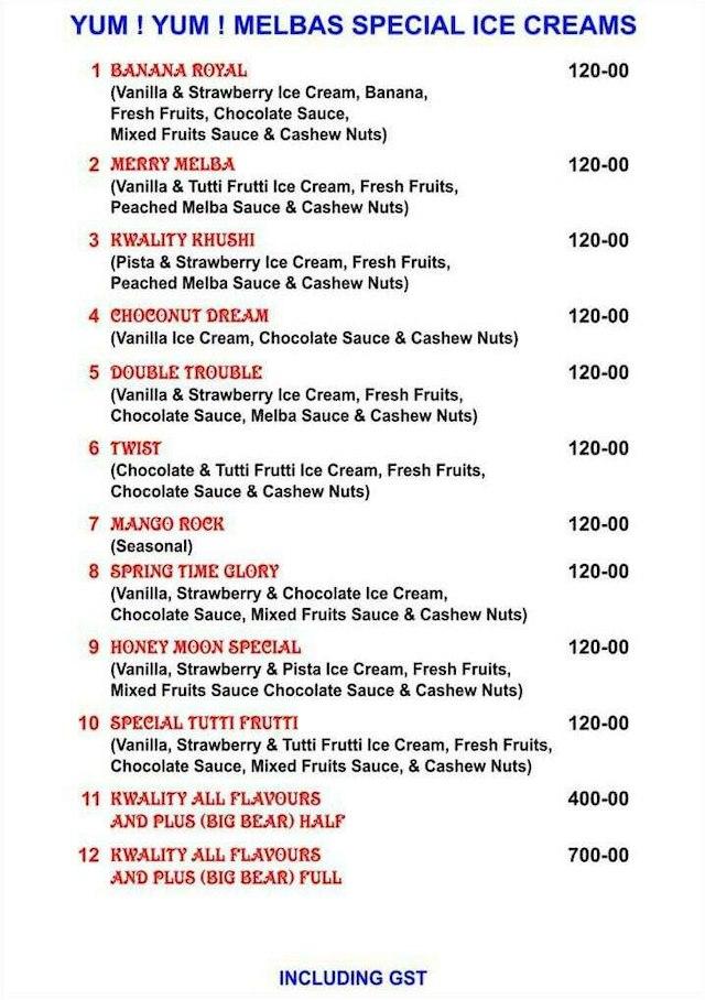 Menu at Kwality Restaurant, Surat, behind Gandhi Baug