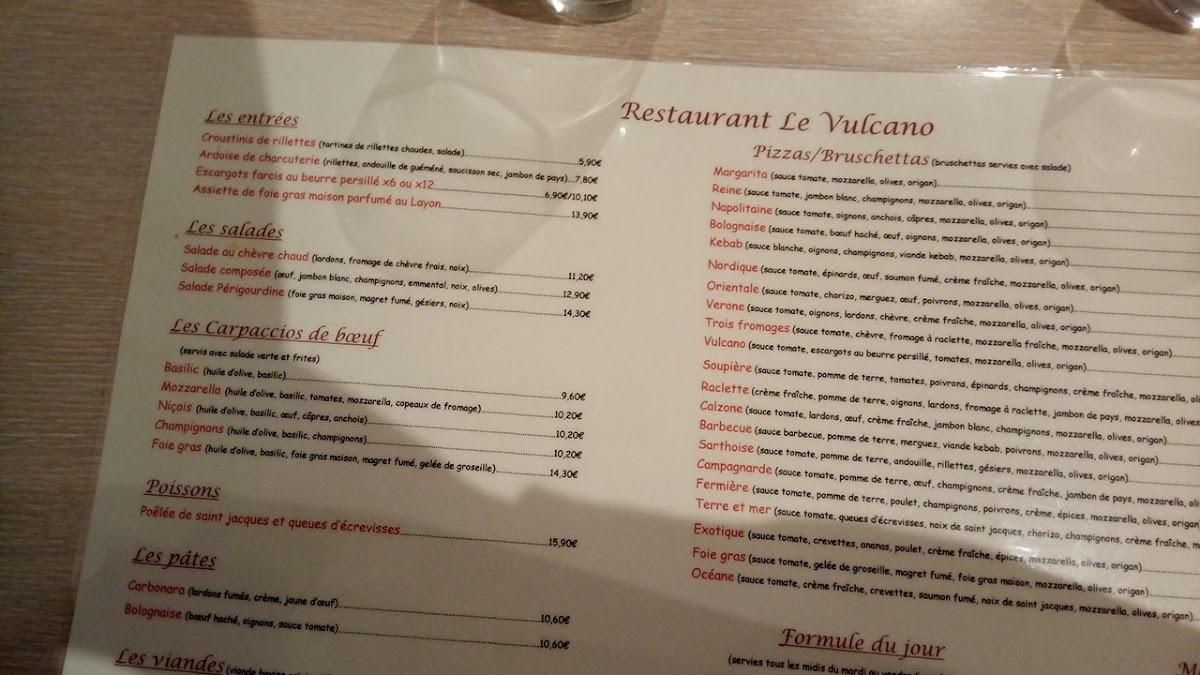 Menu au Le Vulcano restaurant, Le Lude