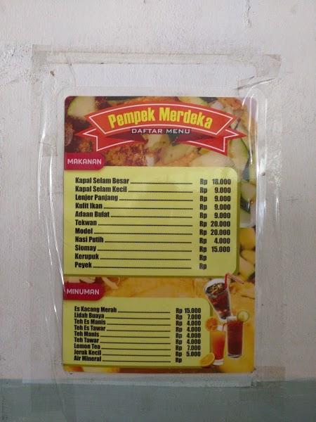 Menu at Pempek Merdeka restaurant, Pontianak, Jl. Wolter Monginsidi