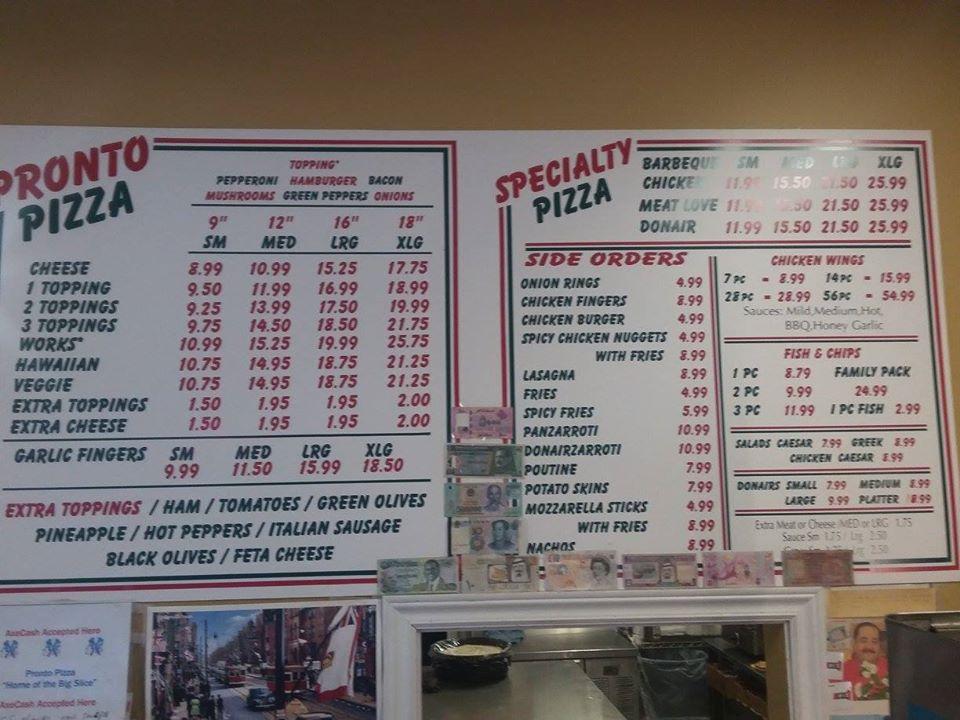 Menu at Pronto Pizza pizzeria, Wolfville